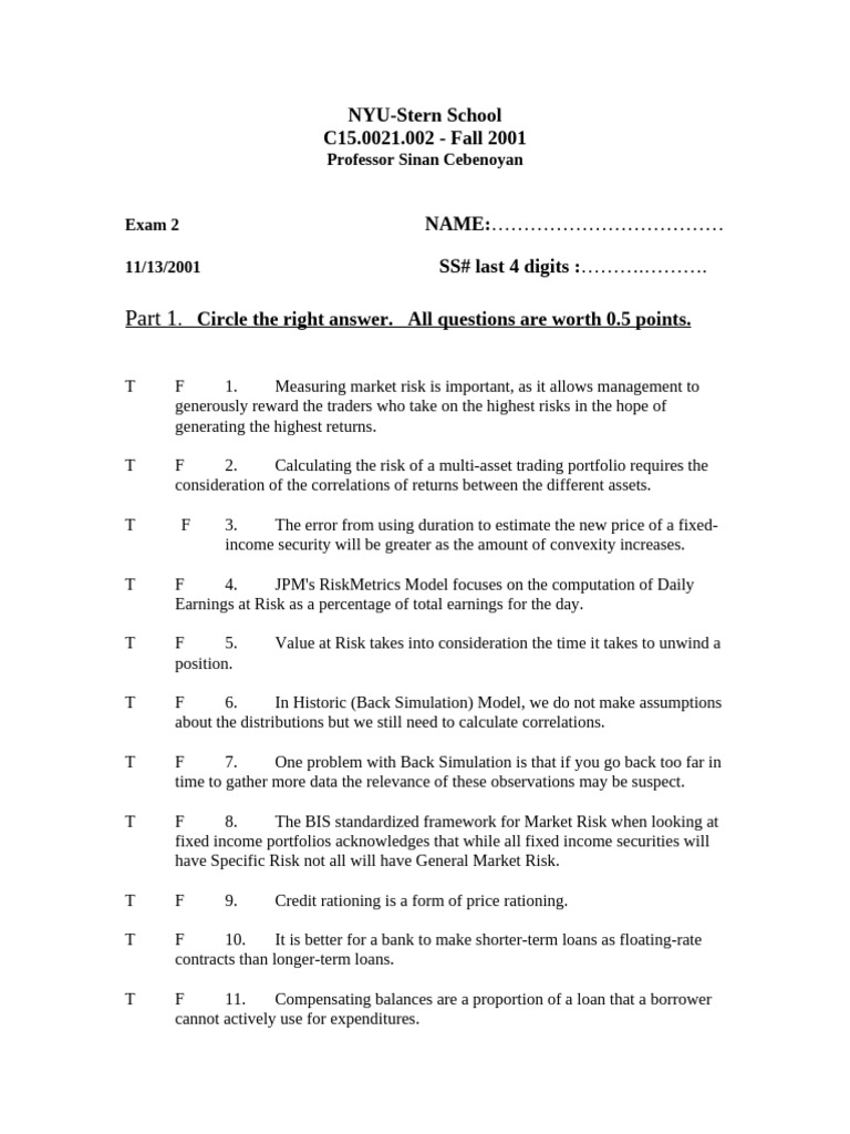 NYU Stern Exam: Market Risk & Finance | PDF | Bonds (Finance) | Interest