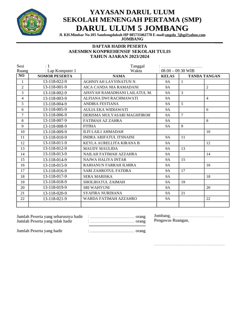 Daftar Hadir Aks Tulis 2024 | PDF