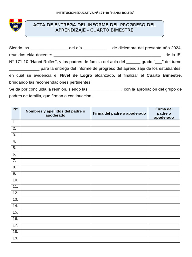 Acta de Entrega de Boletas de Notas 2024 - Ie 171-10 Hanni Rolfes | PDF