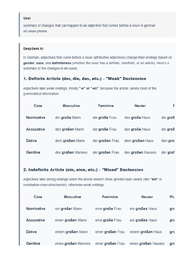 DeepSeek-German Adjective Declension Rules Explained | PDF