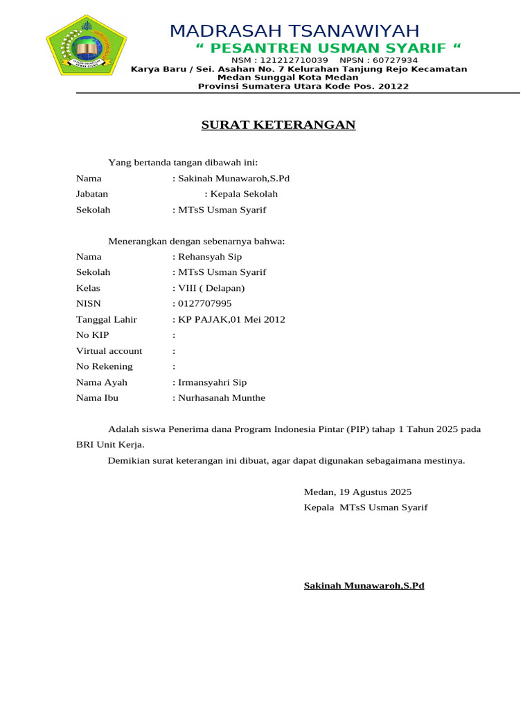 Contoh Surat Keterangan Pengambilan Pip | PDF