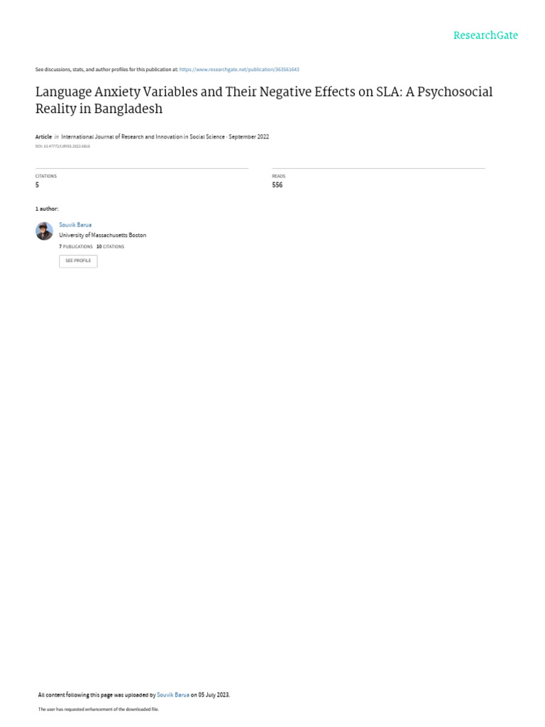 Language Anxiety in Bangladeshi EFL Learners | PDF | Anxiety | Second ...