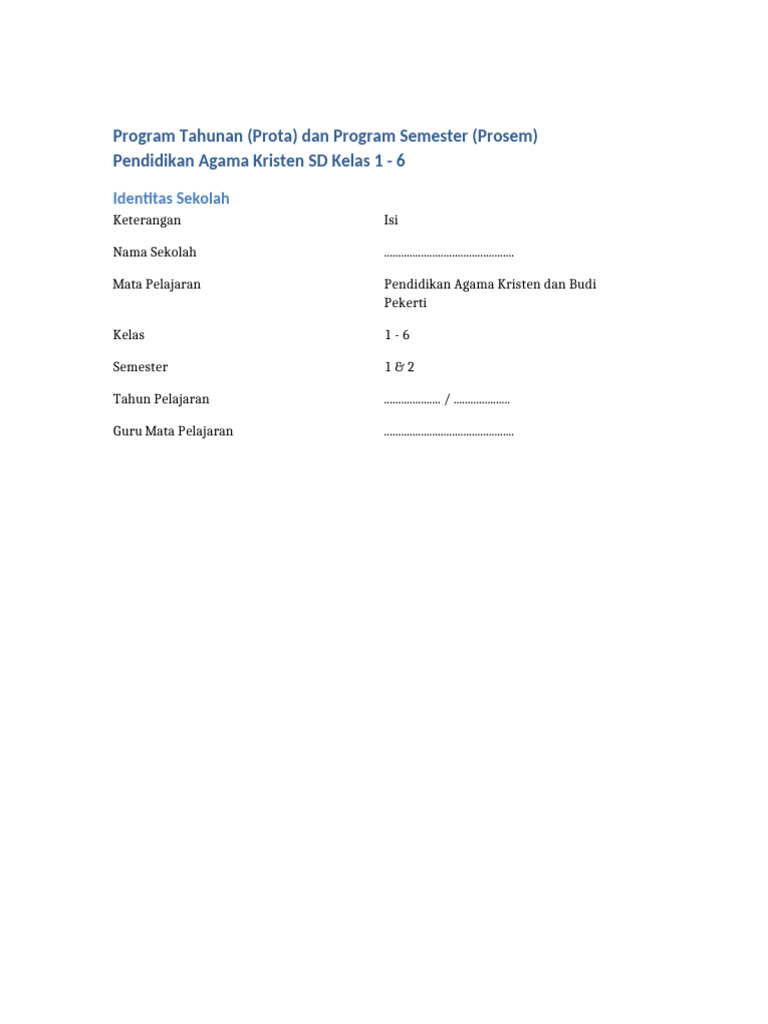 Prota dan Prosem PAK SD Kelas 1-6 | PDF