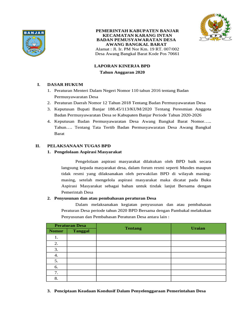 Contoh Templet Laporan Kinerja BPD | PDF