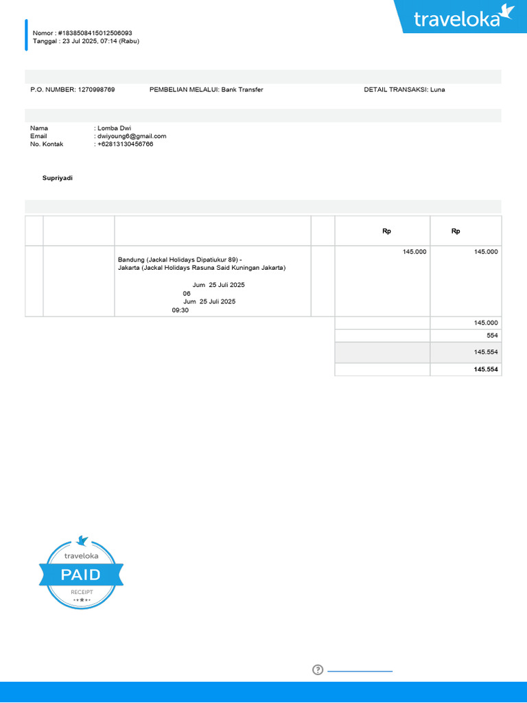 Contoh Nota dan Tiket Travel Bus | PDF