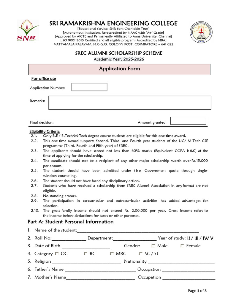SREC Alumni Scholarship Application 2025 | PDF