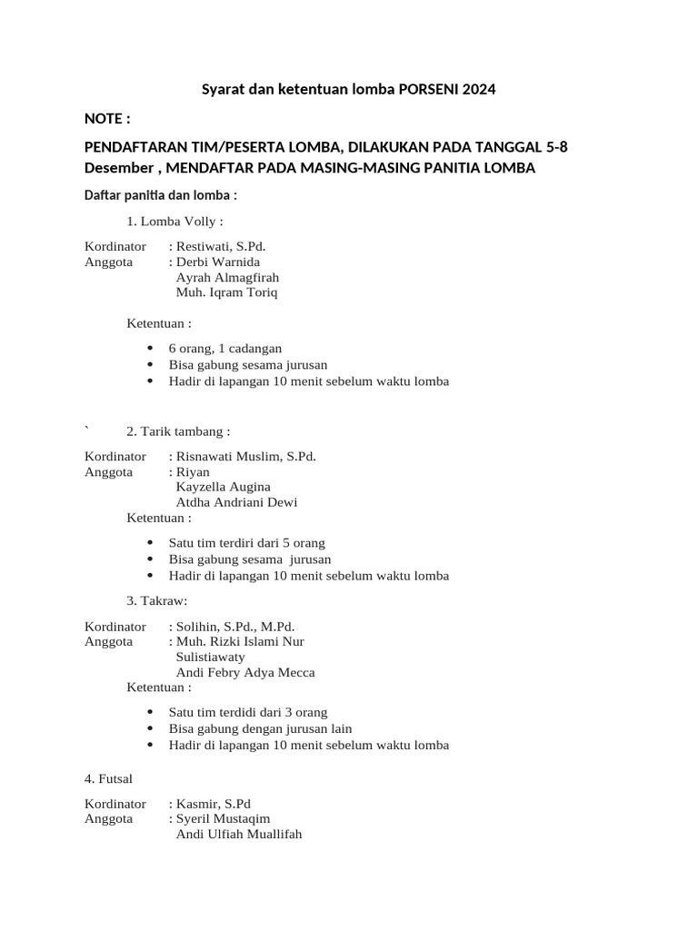 Syarat Dan Ketentuan Lomba PORSENI 2024 | PDF