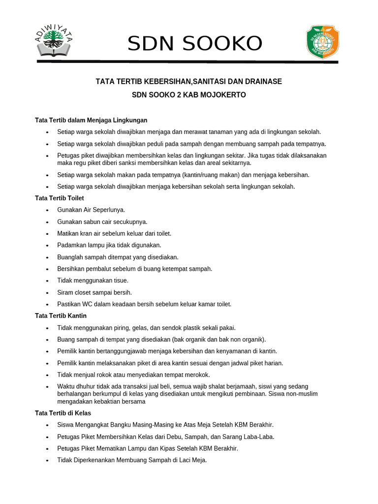 Tata Tertib Kebersihan SDN Sooko 2 | PDF