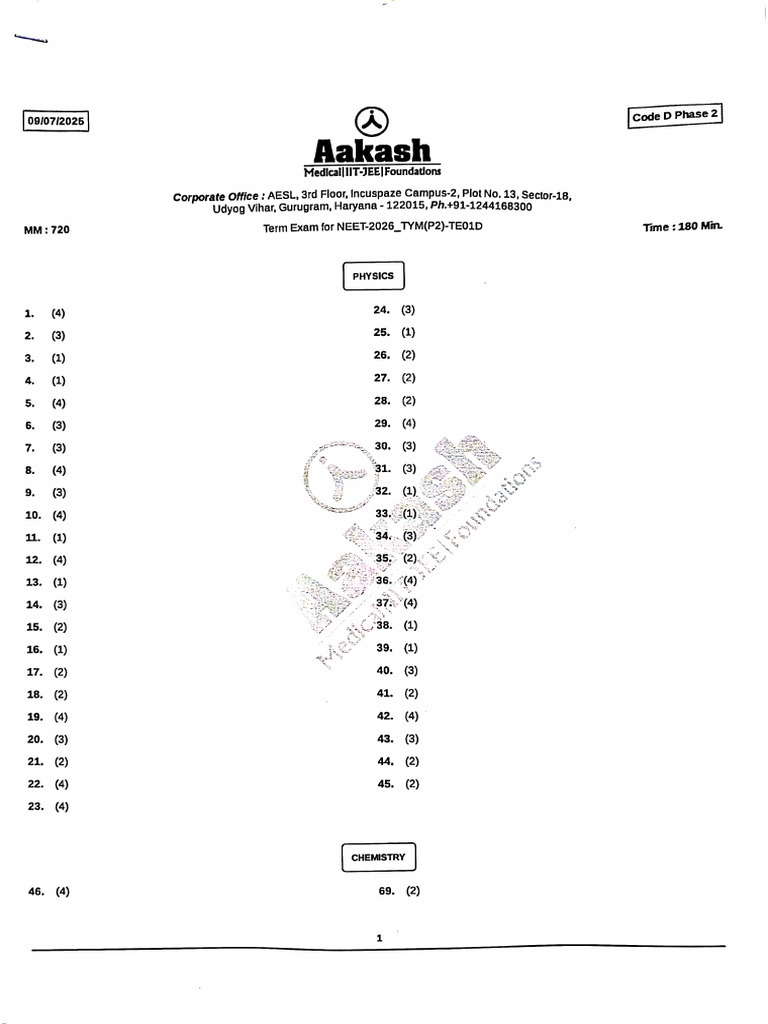 (Answer Key) Tym Te01 Code D p2 | PDF