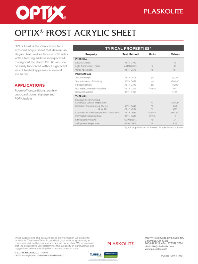 Plaskolite OPTIX Frost Acrylic Data Sheet | PDF | Strength Of Materials | Poly(Methyl Methacrylate)