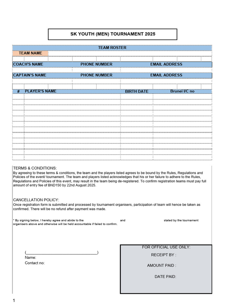 SK Youth Tournament - Register Form 2025 | PDF