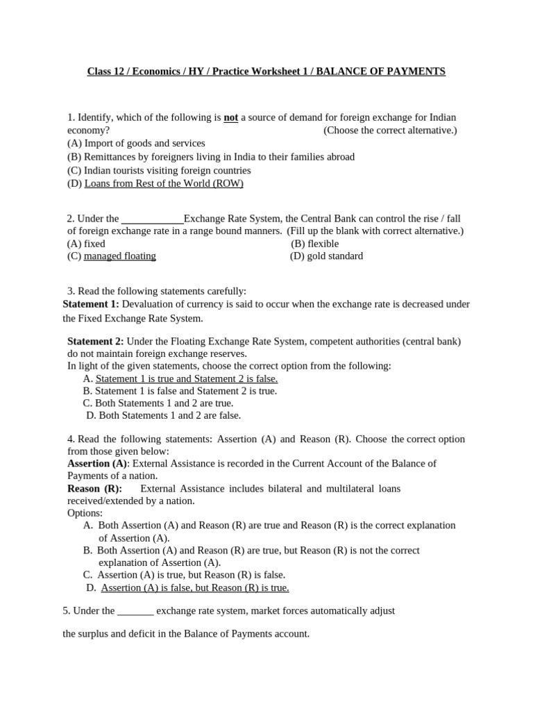 Xii - Economics - Practice Worksheet Bop | PDF | Balance Of Payments ...