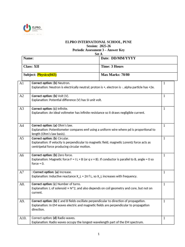 ELPRO School Physics Assessment Key 2025-26 | PDF | Electrical ...