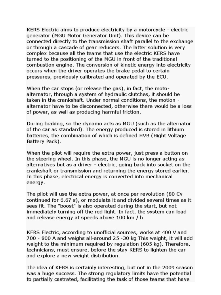 KERS Electric Aims To Produce Electricity by A Motorcycle | PDF ...