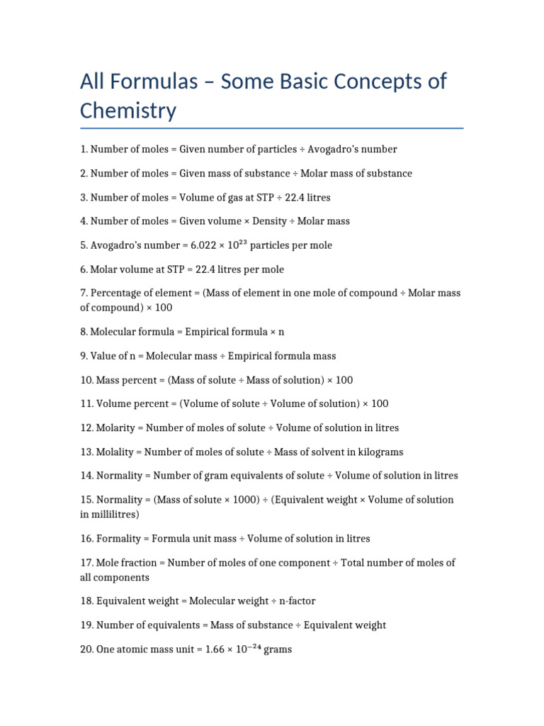 Some Basic Concepts Chemistry Formulas | PDF | Mole (Unit) | Molecules