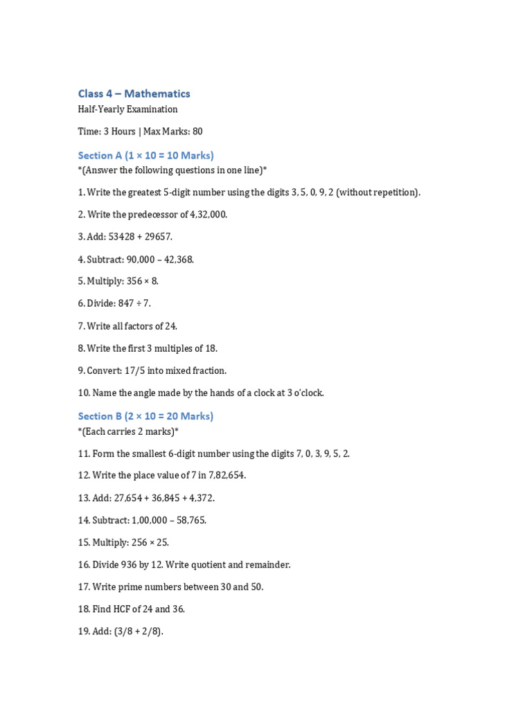 Class4 Half Yearly Maths | PDF