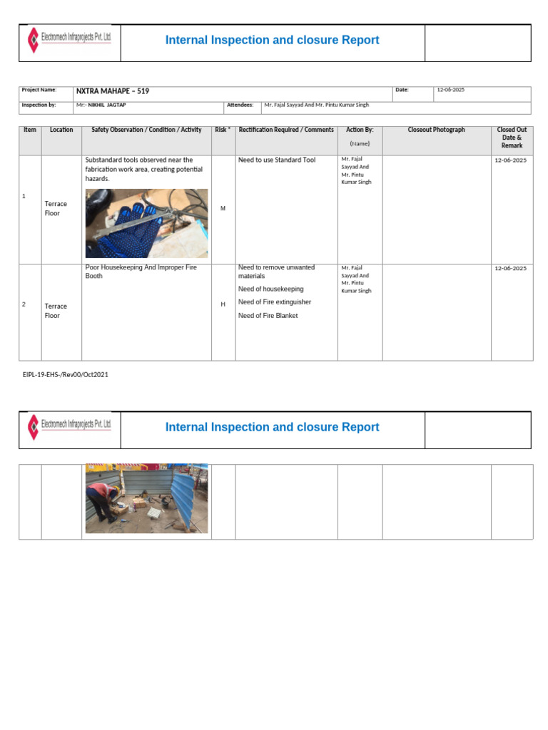 NXTRA Mahape Inspection Report 2025 | PDF | Housekeeping | Safety