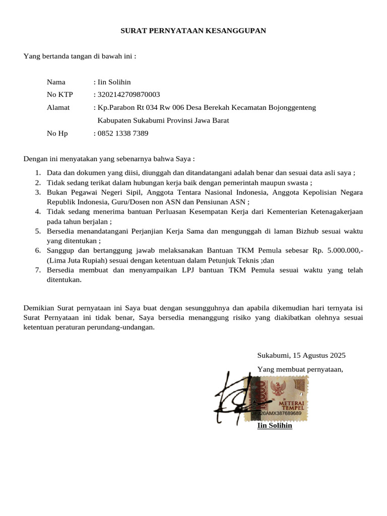 Surat Pernyataan Iin Solihin | PDF
