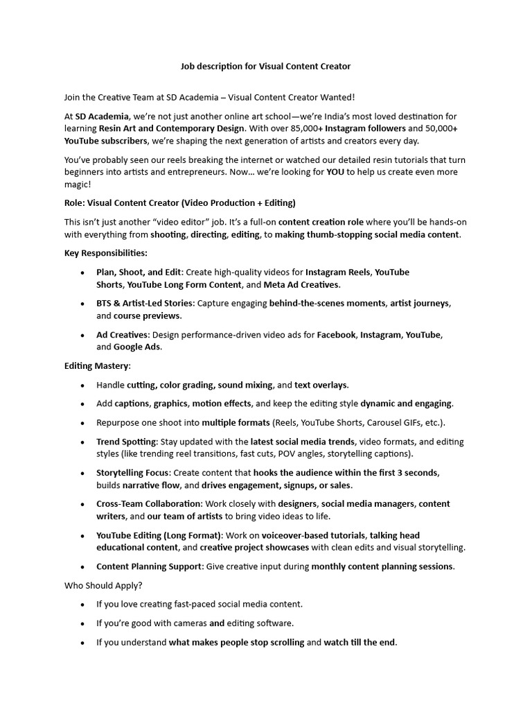 Visual Content Creator Job Opening | PDF | You Tube | Social Media