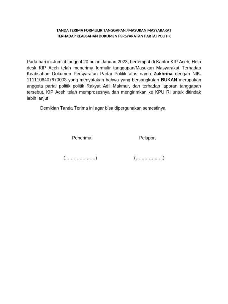 Tanda Terima Formulir Tanggapan | PDF