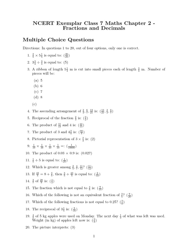 Class 7 Fractions & Decimals MCQs | PDF | Division (Mathematics ...