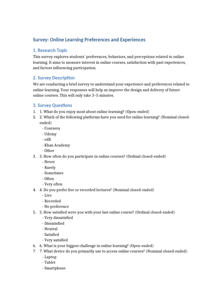 Online Learning Preferences Survey | PDF