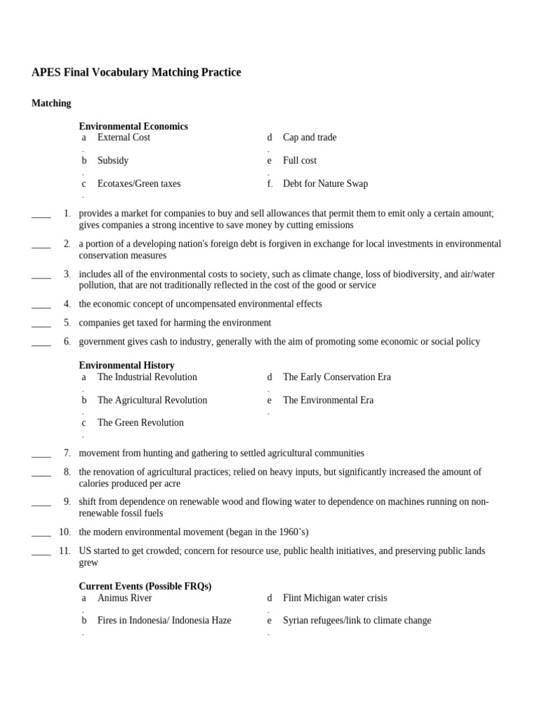 APES+Review+Vocab+Matching+ +185+Q's | PDF | Ammonium | Waste