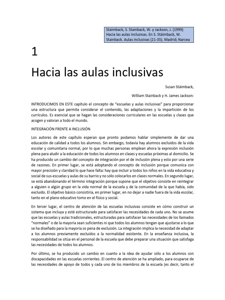 Lectura 5 Susan Stainback | PDF | Inclusión (Educación) | Enseñando