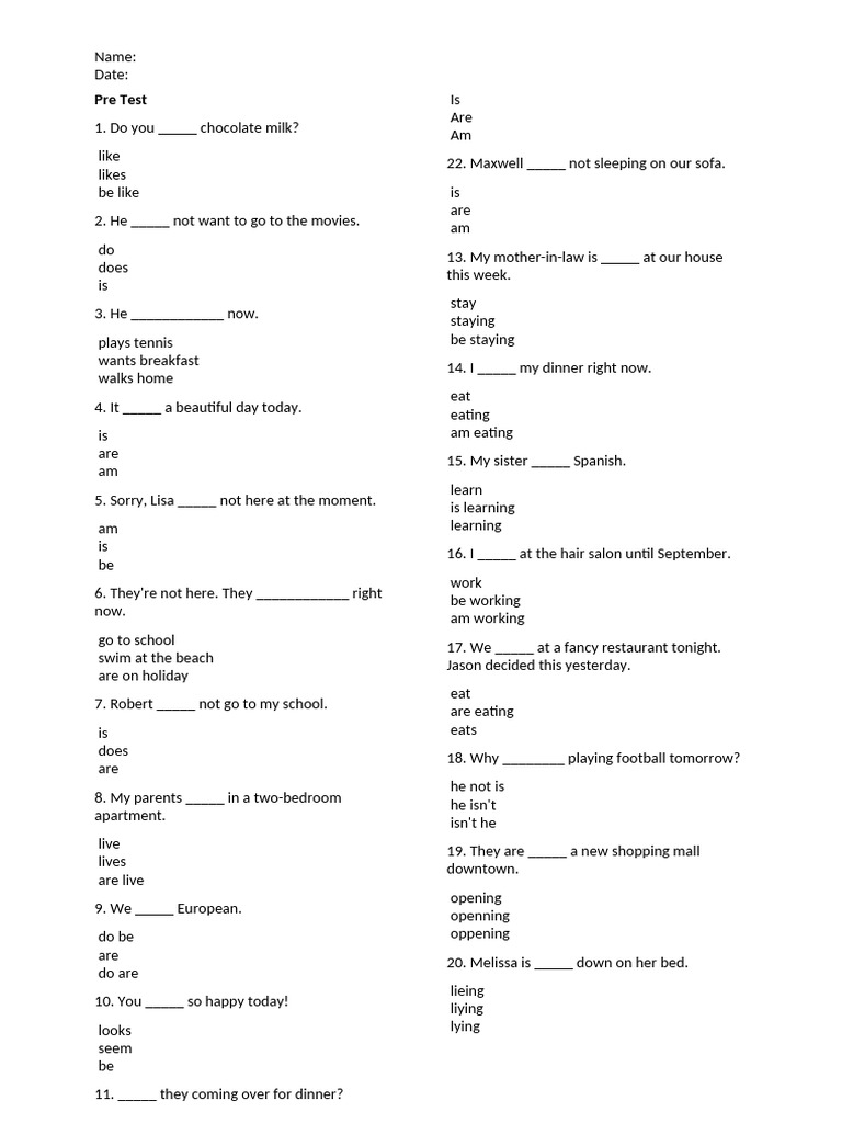 English Grammar Pre and Post Tests | PDF