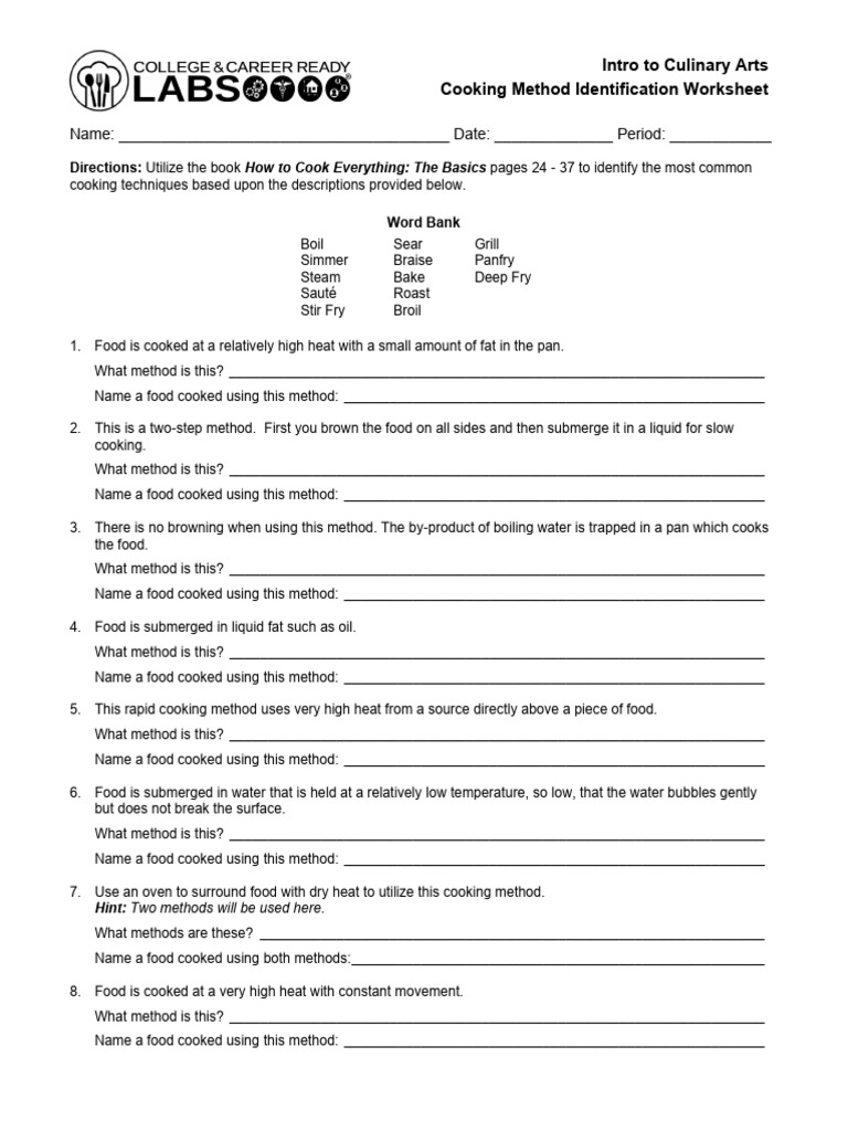 Cooking Method Identification Worksheet | PDF | Grilling | Cooking