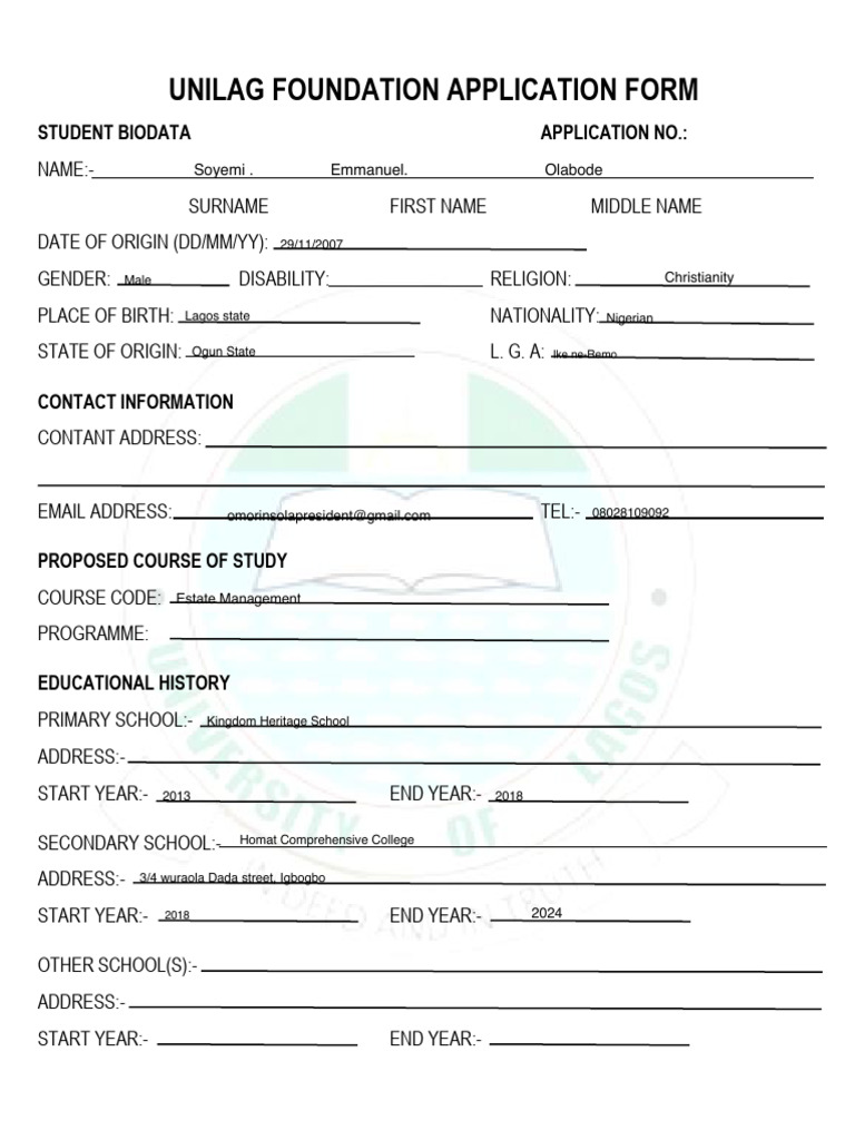 UNILAG Diploma Application Form 2025 | PDF