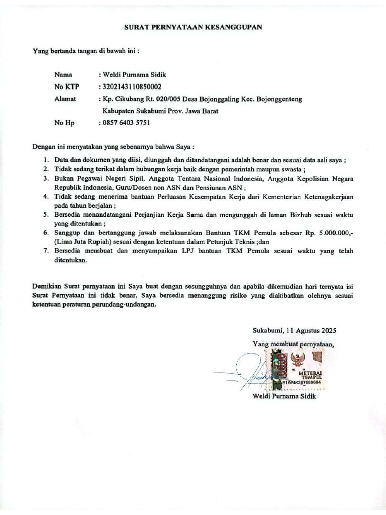 Surat Pernyataan Weldi | PDF