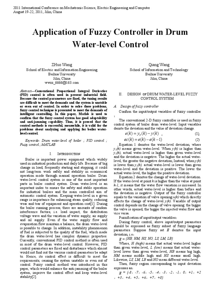 Application of Fuzzy Controller in Drum Water-Level Control: Zhuo Wang ...