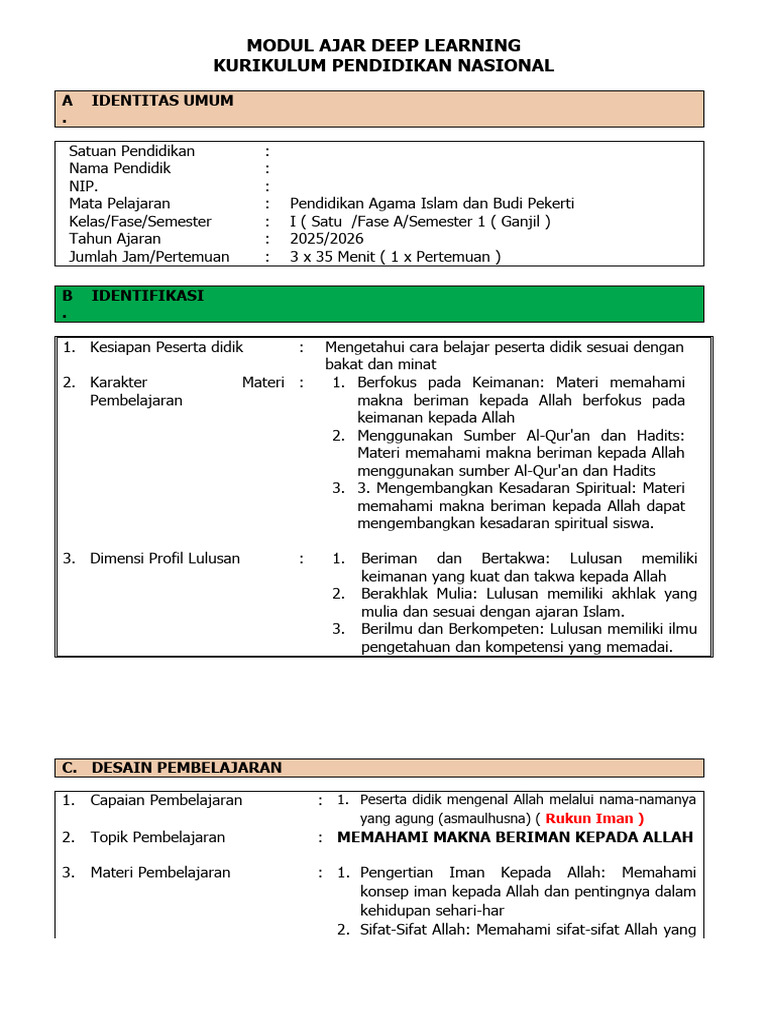 Modul Ajar PM Kelas 1 Bab 2 Memahami Makna Beriman Kepada Allah Dengan Deep Learning | PDF