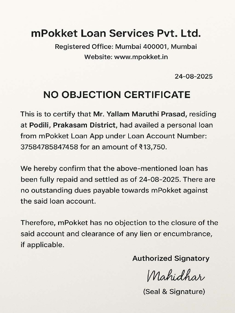 Non Objection Certificate Yallam | PDF