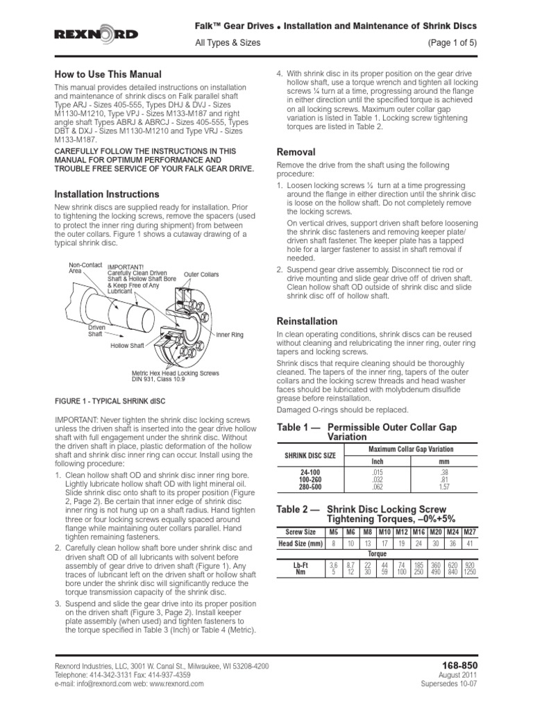 Falk Gear Drive Shrink Disc Manual | PDF | Screw | Gear