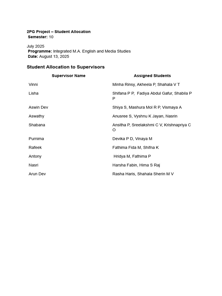 2PG Project - Student Allocation Document | PDF