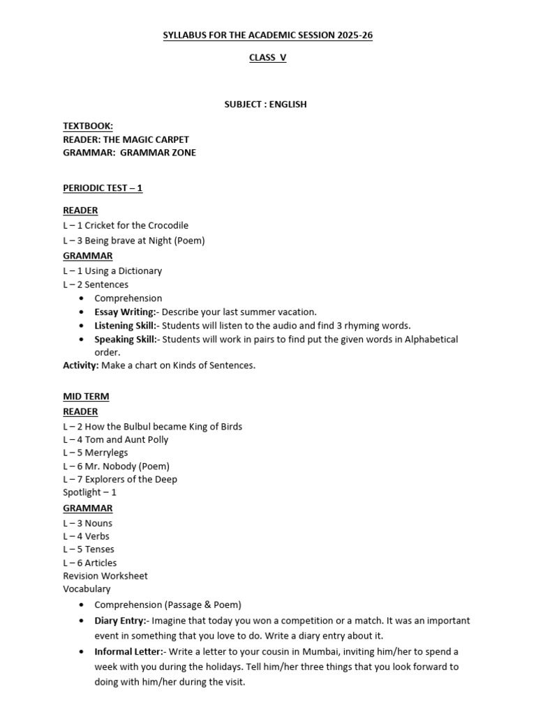 Merged Class 5 Syllabus (2025-26) | PDF