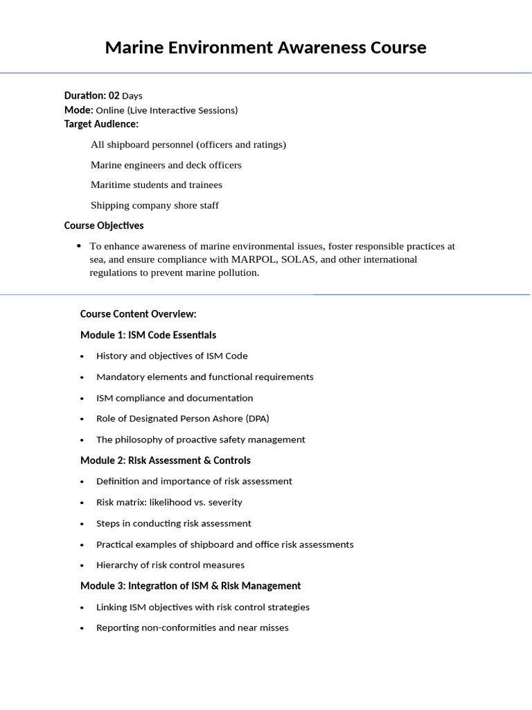 Marine Environmental Awareness Course | PDF
