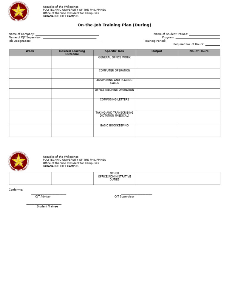 OJT Training Plan Template for Students | PDF