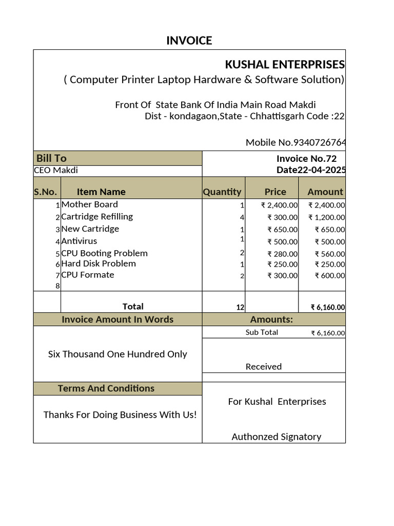 Kushal Enterprises Invoice: (Computer Printer Laptop Hardware & Software Solution) | PDF