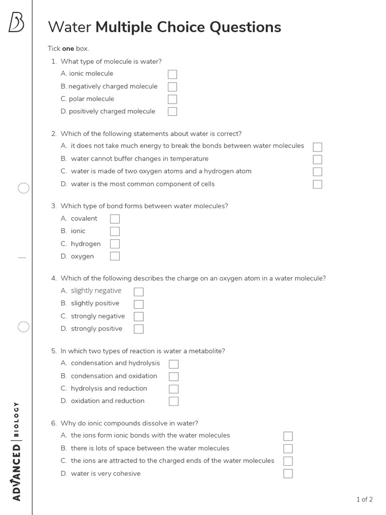 Grade 10 Water Properties MCQs | PDF | Properties Of Water | Water