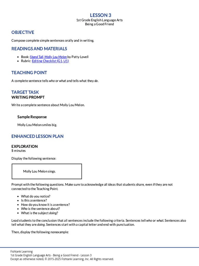 G01 Fishtank ELA Unit 1 Lesson 3 | PDF | Subject (Grammar) | Sentence ...