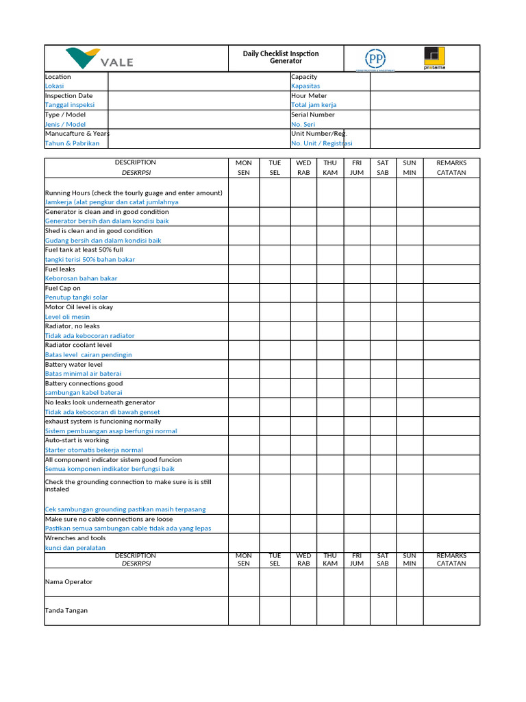 Daily Generator Inspection Checklist | PDF | Energy Conversion ...