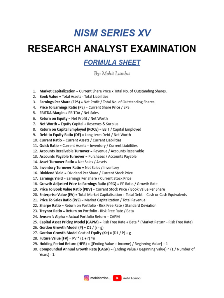 Nism RA Formula Sheet | PDF | Capital Asset Pricing Model | Revenue