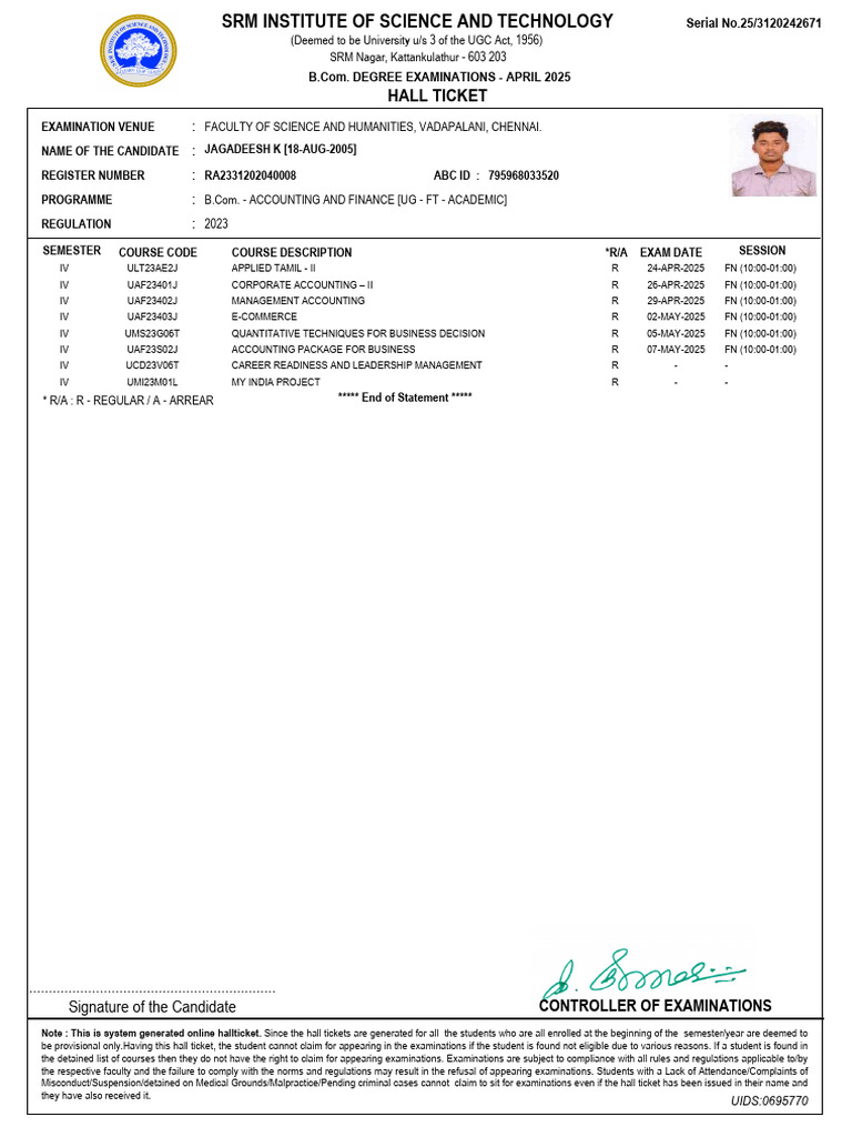 Student Hall Ticket Inner 2035 | PDF | Books