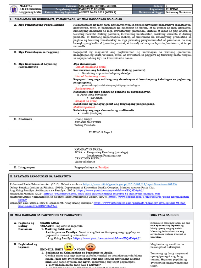 DLL Matatag - Filipino 5 q2 w1 | PDF
