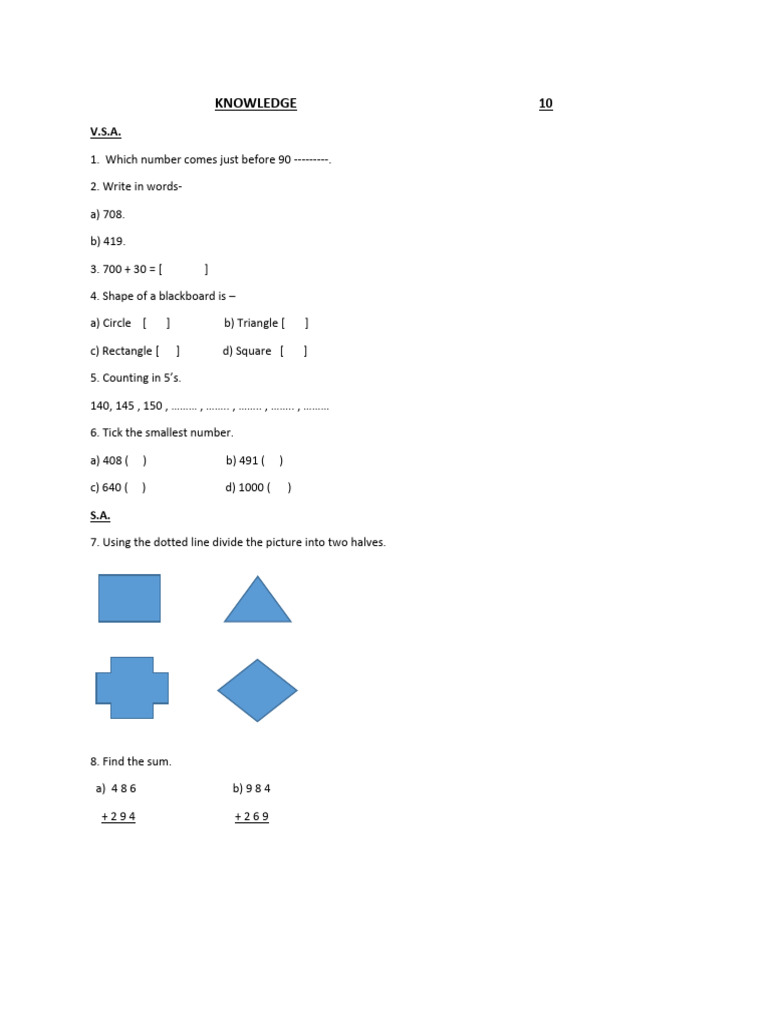 KVS Class 3 PT1 Maths Question Paper 2019 | PDF | Length