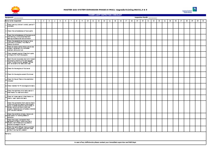 Tower Light Inspection Checklist | PDF | Leak | Mechanical Engineering