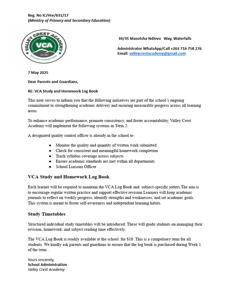 VCA Study and Homework Log Book Update | PDF